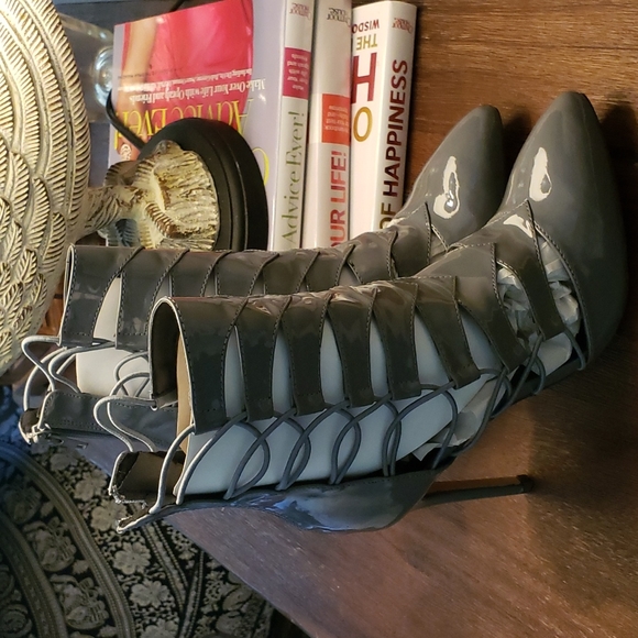 The Shoe Loft | Shoes | Gina Steel Grey Lace Up Stretch Strap Shooties ...